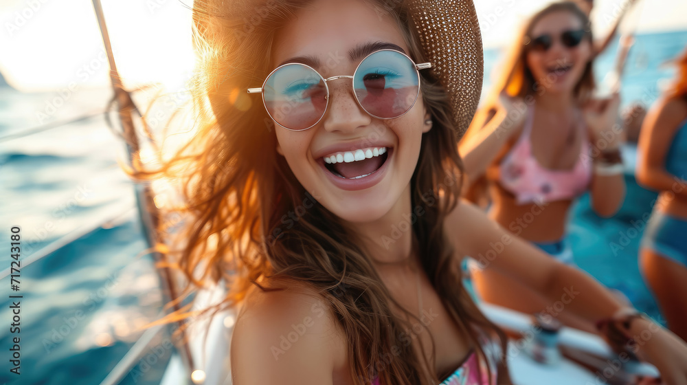 beautiful young cheerful woman on a yacht in the sea, sailing ship ...