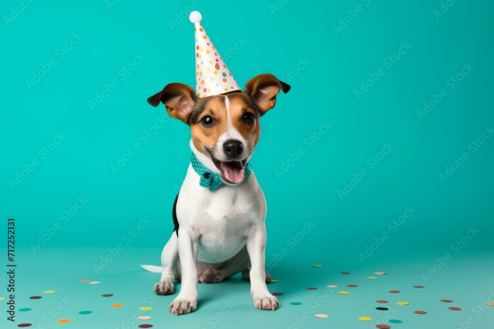 Hund mit Hut aus Pappe als Grußkarte zum Geburtstag. Niedlicher Hund ...