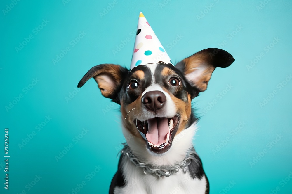 Hund mit Hut aus Pappe als Grußkarte zum Geburtstag. Niedlicher Hund ...