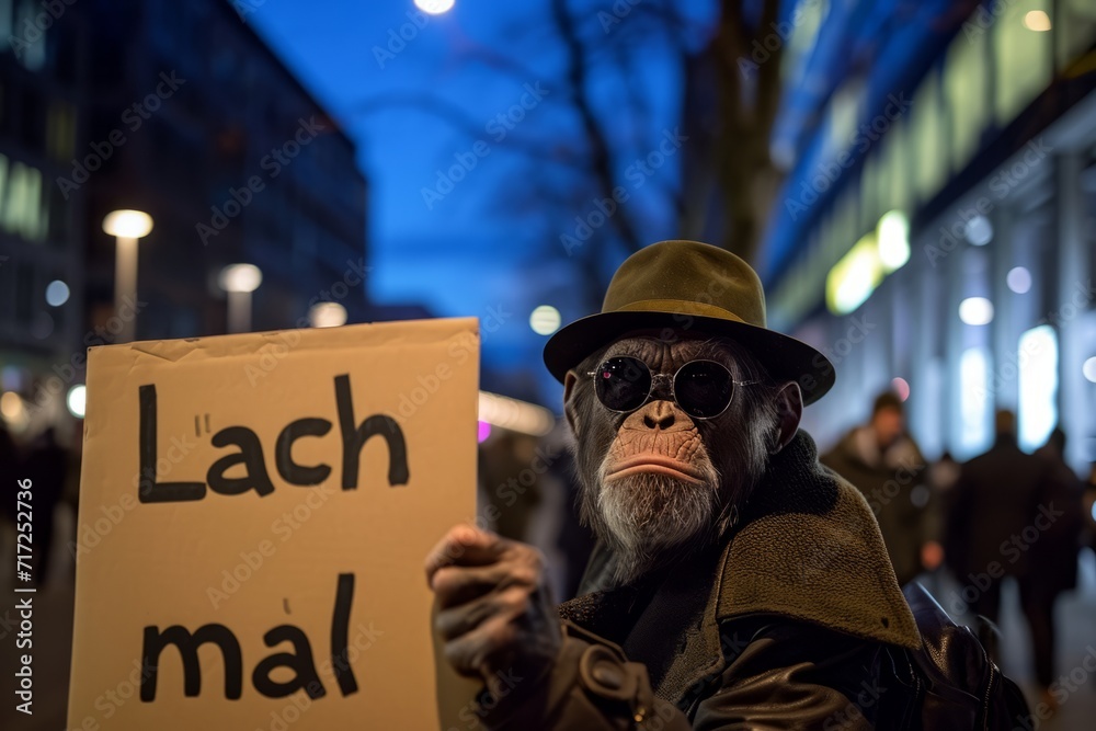Menschenaffe mit einem lustigen Schild auf dem "Lach mal" steht. Cooler ...