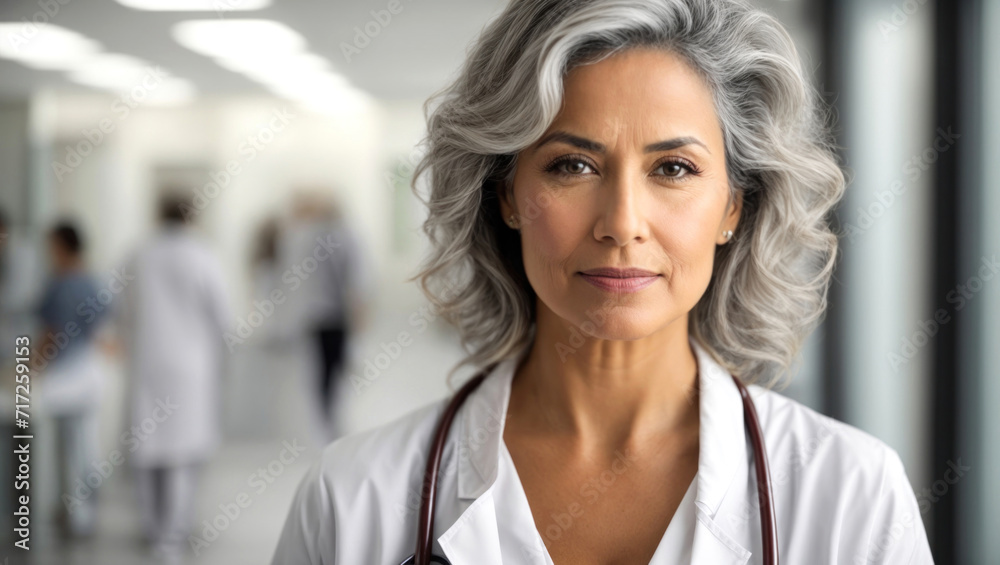 Female gray haired doctor face portrait in front, blurred white clinic ...