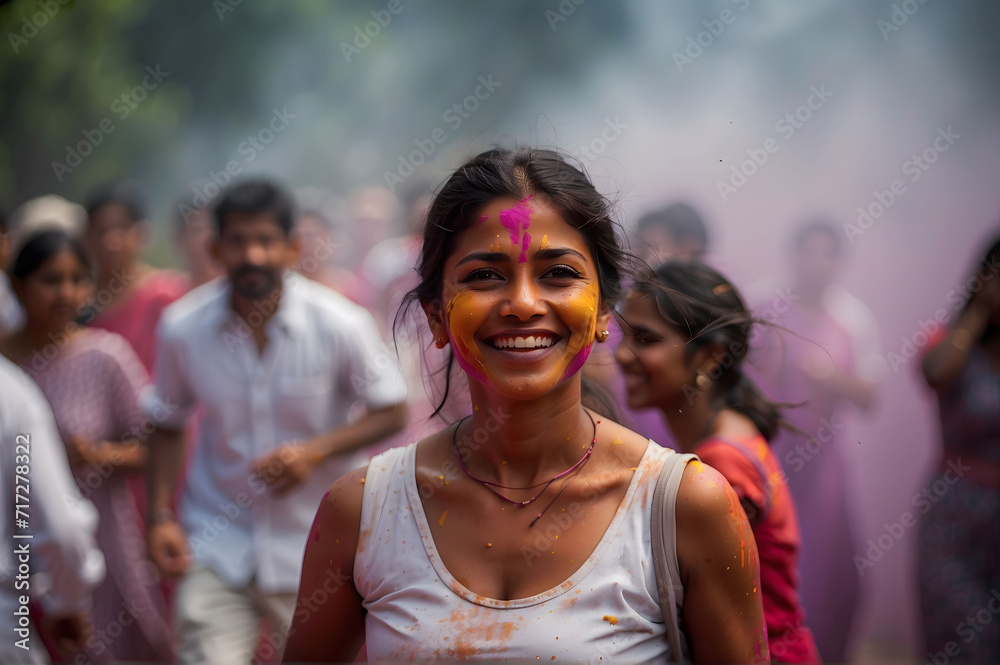 Celebrating Holi Festival of Colors, Happy Indian woman with colorful ...