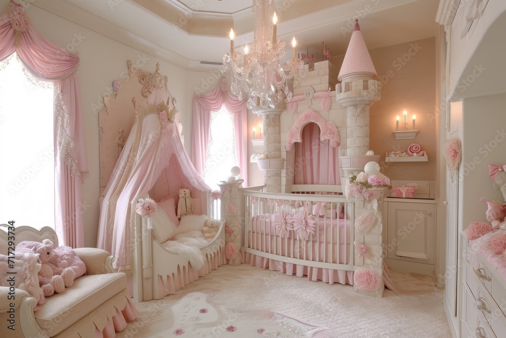 Dreamy castle baby nursery with pastel pink accents, majestic crib ...
