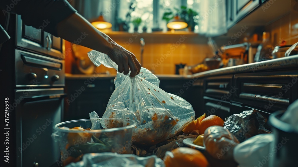 An individual throwing away a trash bag in the kitchen's trash bin ...
