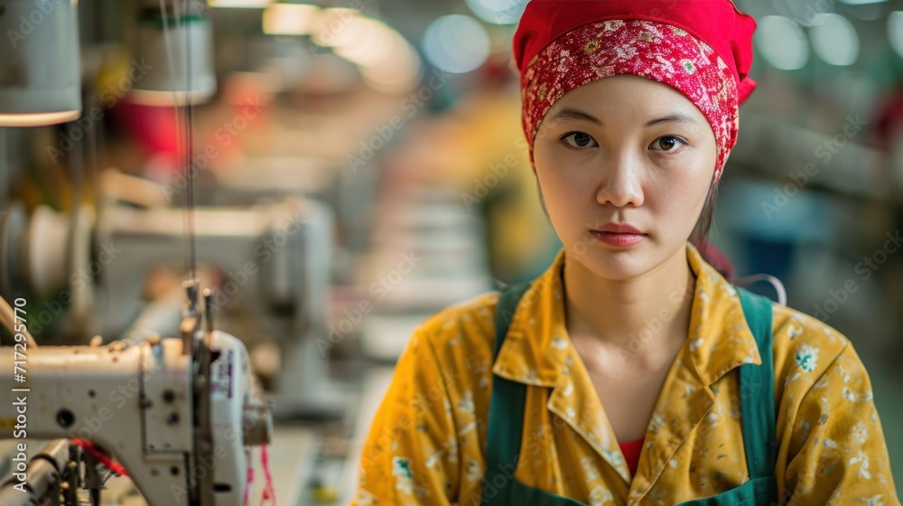 Asian seamstress in a textile factory with industrial sewing machines ...