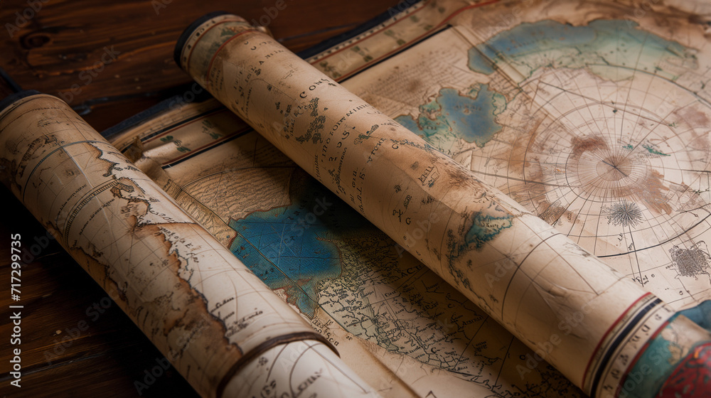 Ancient medieval navigation map rolled up to discover new territories ...