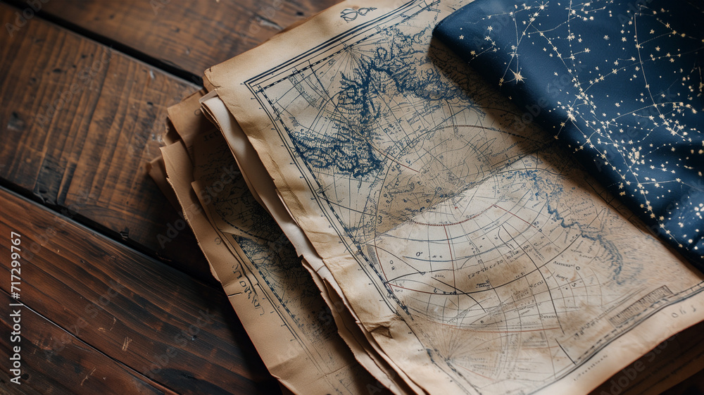 Ancient cartographic maps on old and weathered papers spread across a ...