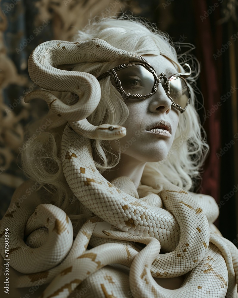 Portrait goddess woman with very white soft skin, wearing futuristic ...