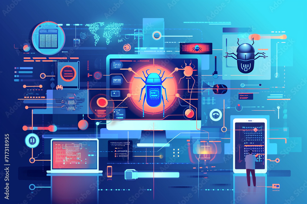 Illustration Of A Software Testing Process With Devices And Bug Icons