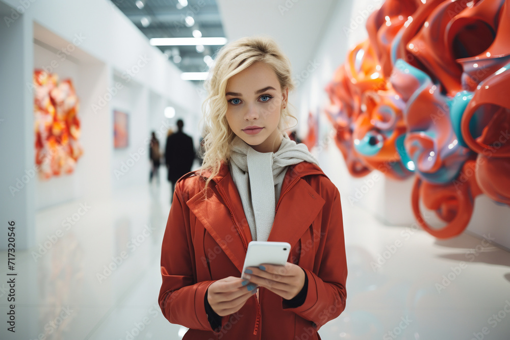 In a modern art museum, a girl takes a selfie with a contemporary ...