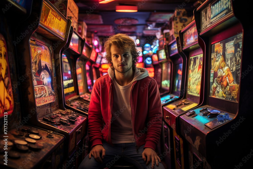 At a retro arcade, a guy takes a selfie surrounded by vintage gaming ...