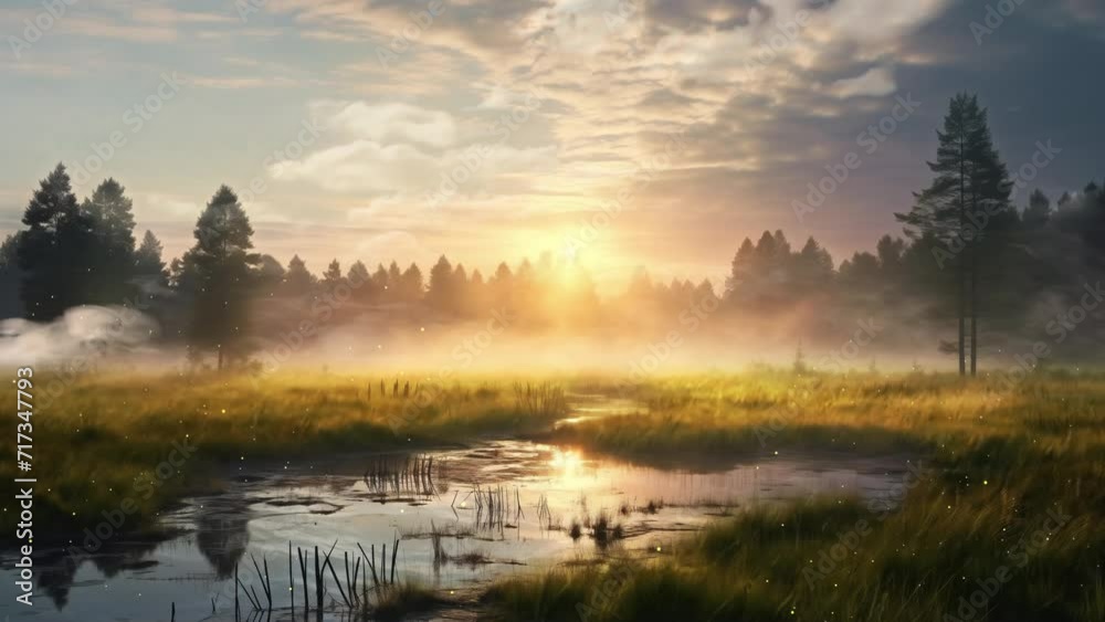 Beautiful foggy and sunny morning in bog area misty. seamless looping ...