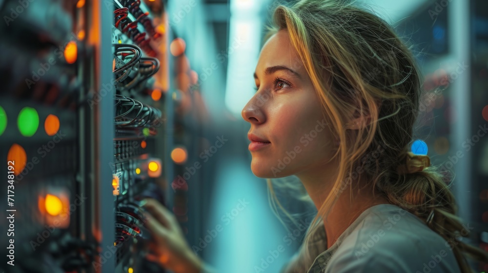 Female computer engineer troubleshooting a server rack in a data center ...