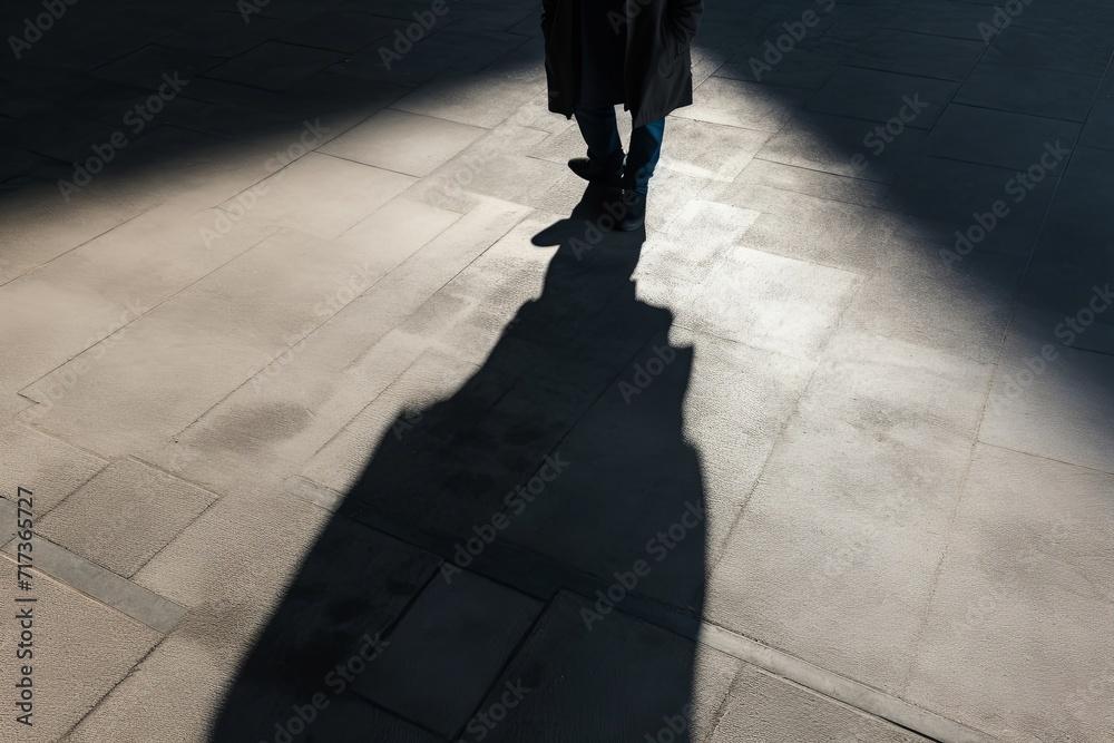 Dark shadow of a lonely person on the ground in the street. Stranger ...