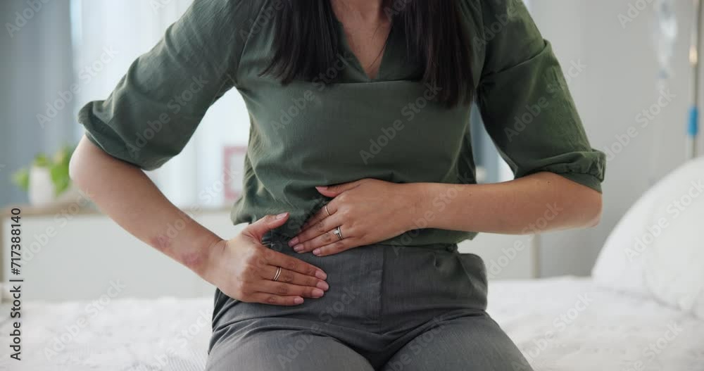 Pain, period and woman hands with stomach ache, endometriosis or PCOS ...