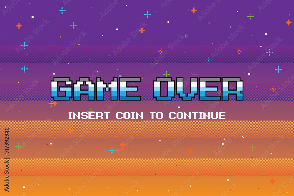 Vetor de GAME OVER INSERT A COIN TO CONTINUE .pixel art .8 bit game ...