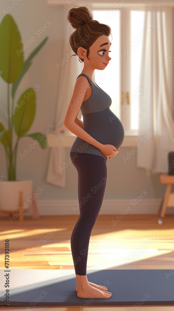 Cartoon digital avatar of a pregnant pilates instructor with long brown ...