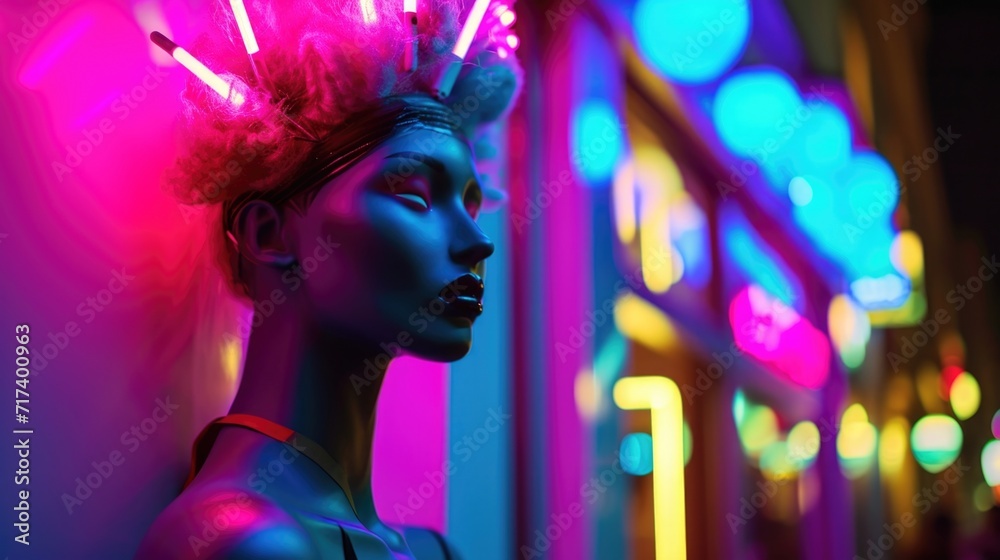 A mannequin sports a bold neon wig atop its head adding an extra punch ...
