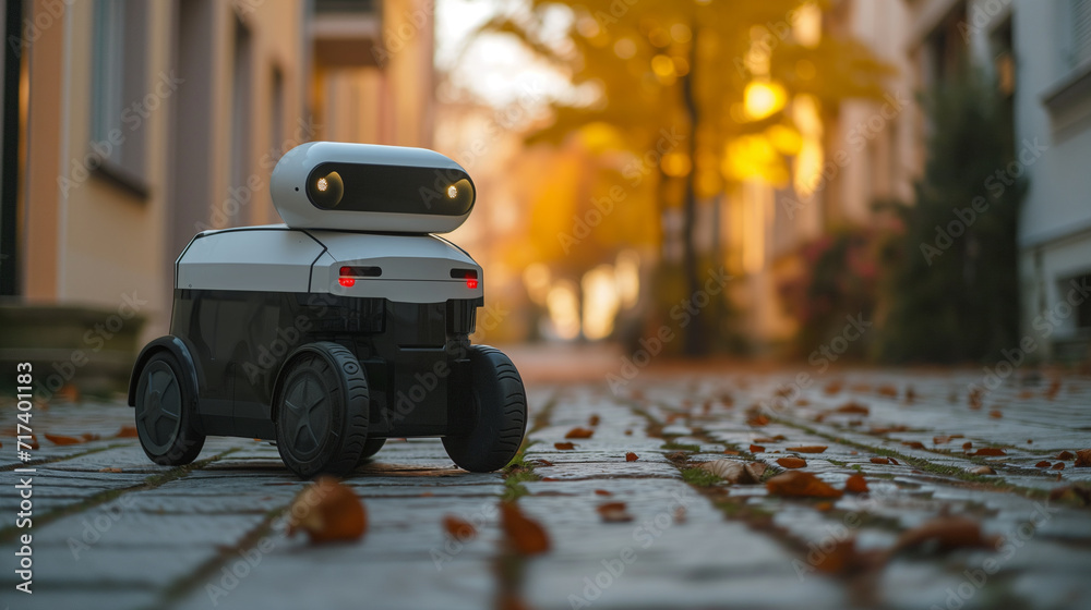 Cute delivery robot on a cobble stone street in a residential street ...