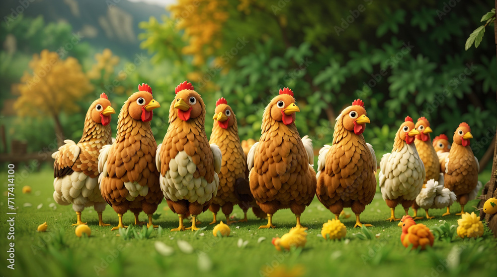 3D Animation Style a group of chickens standing Stock Illustration ...