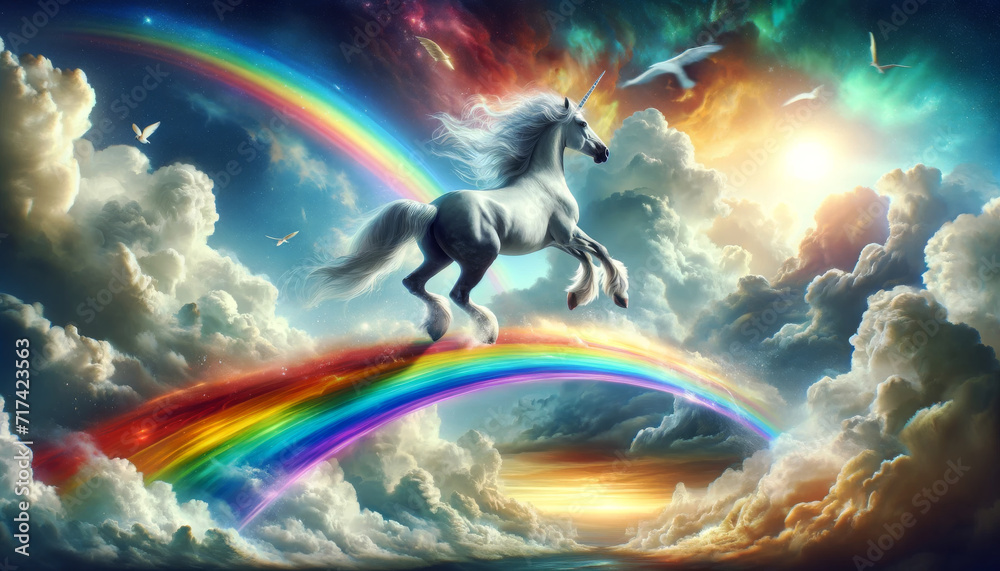 Majestic Unicorn Crossing a Rainbow Bridge. A powerful unicorn ...