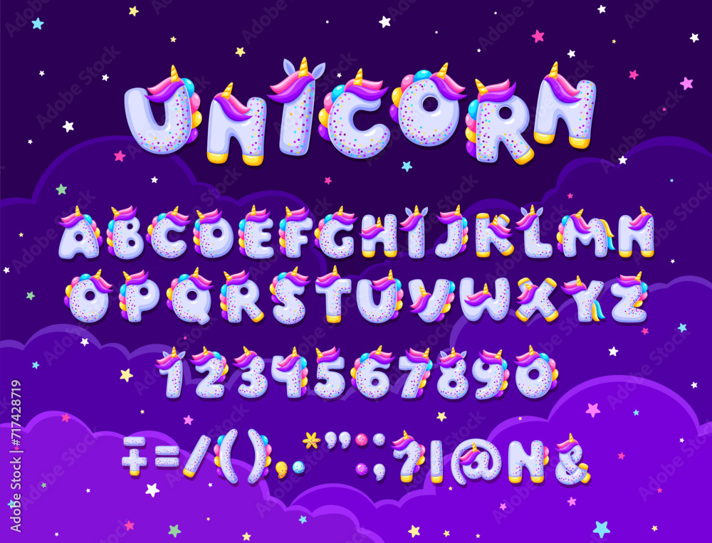 Unicorn font, fairy tale type and cute animal typeface, vector magic ...