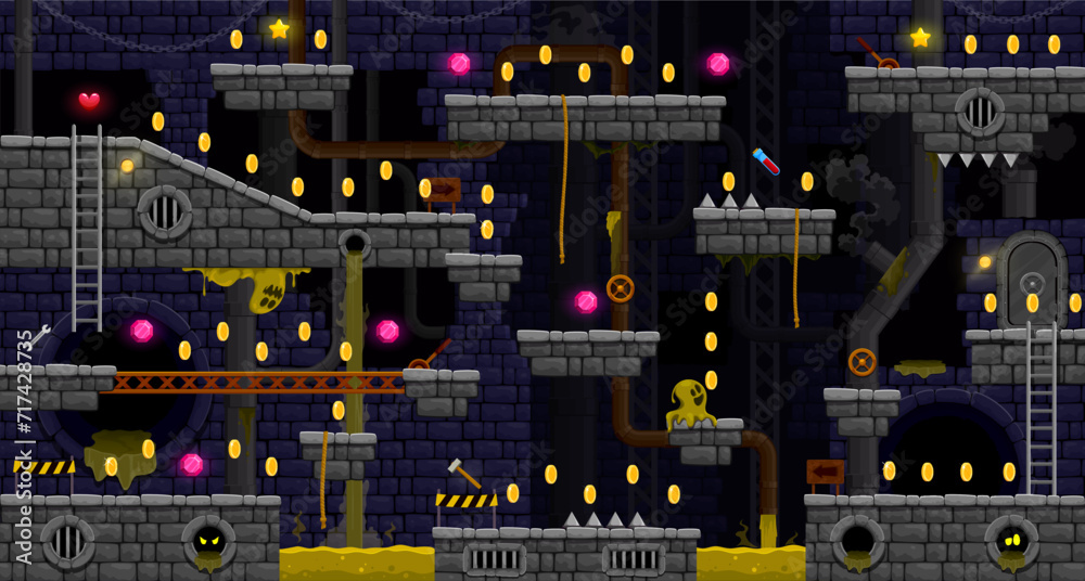 Dark arcade underground of sewage wastewater for game level map, vector ...