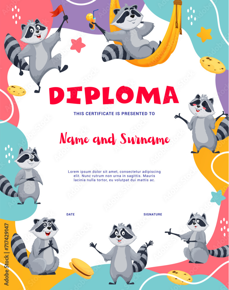 Kids diploma cartoon funny raccoon characters. Educational school or ...