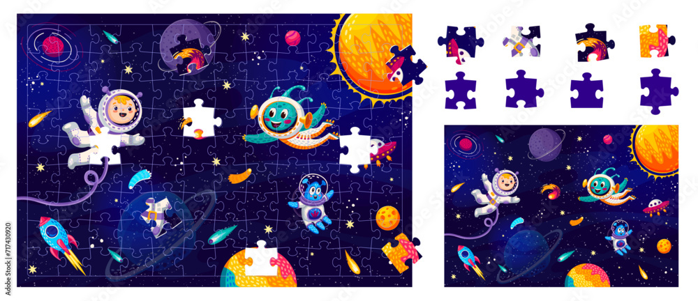 Jigsaw puzzle game pieces. Cartoon aliens and astronaut at starry outer ...