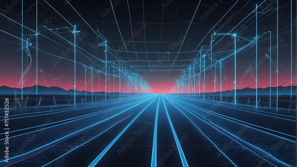 Retro blue road digital highway background with neon grid lines and ...