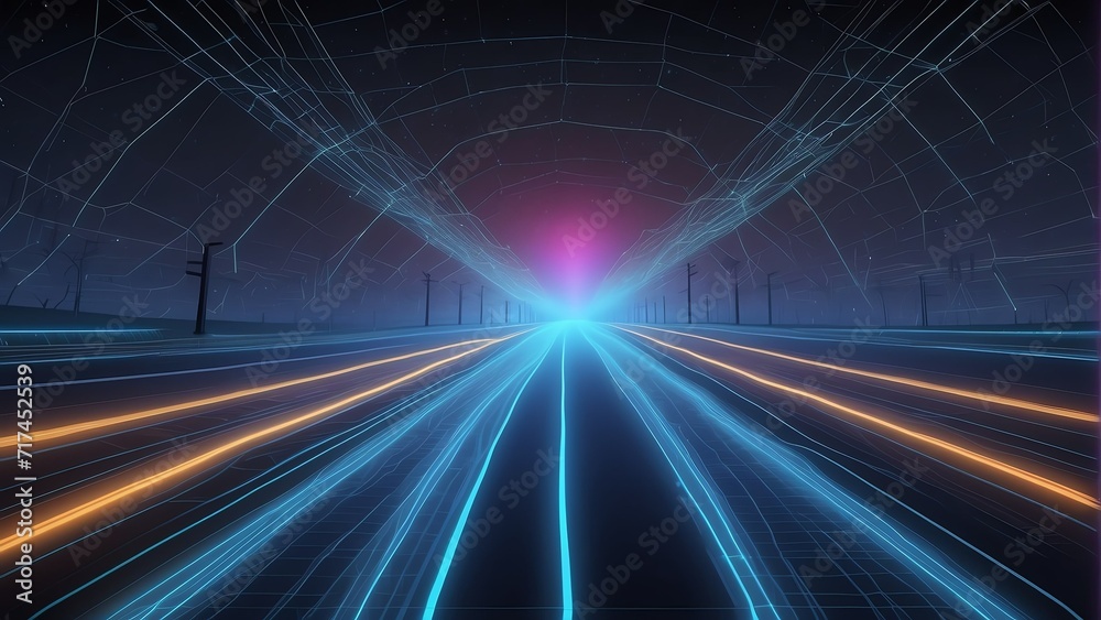 Retro blue road digital highway background with neon grid lines and ...