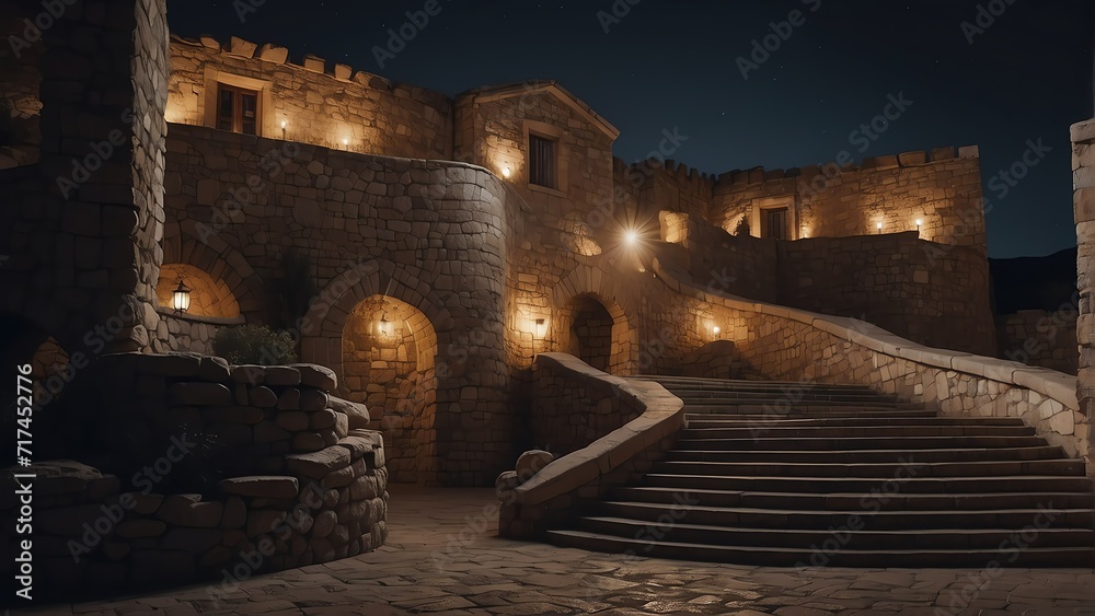 Ancient castle kingdom hall made of stone with arches and stairs ...