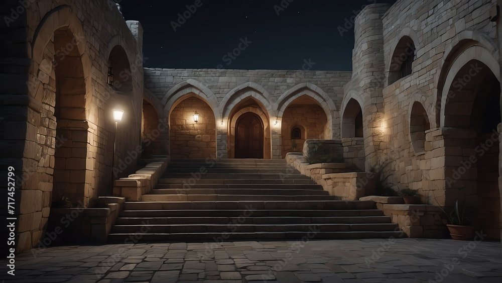 Ancient castle kingdom hall made of stone with arches and stairs ...