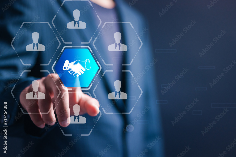 Credibility, reputation and trust concept, Businessman touching virtual screen icons of shaking ...