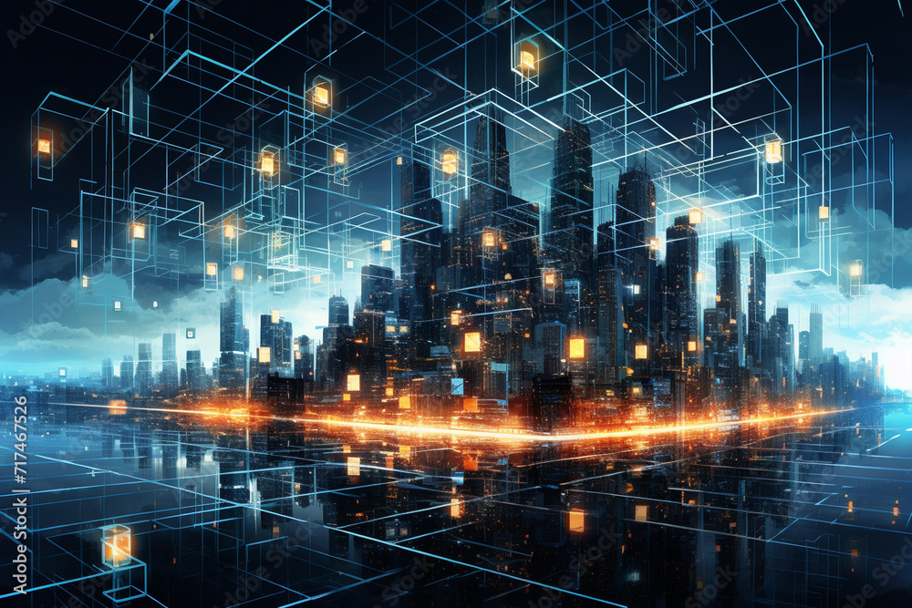 A neural network abstraction resembling a futuristic city grid, with ...