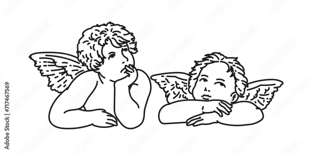 Cherub outlines and line art. Little angel cute baby with wings. Vector ...