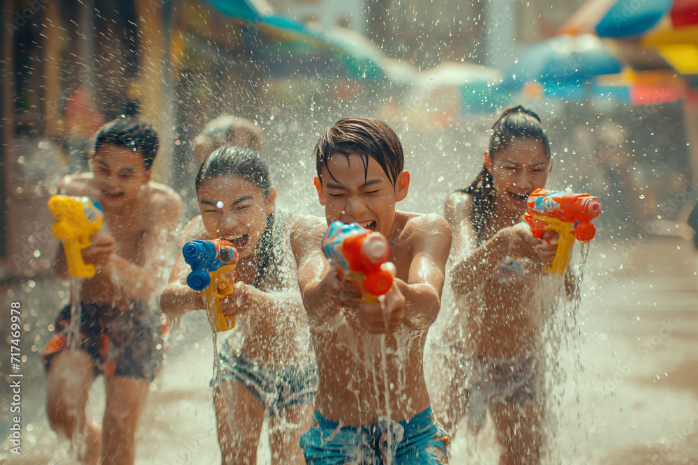 Happy summer days by the pool with the family. Songkran Day, a time of ...