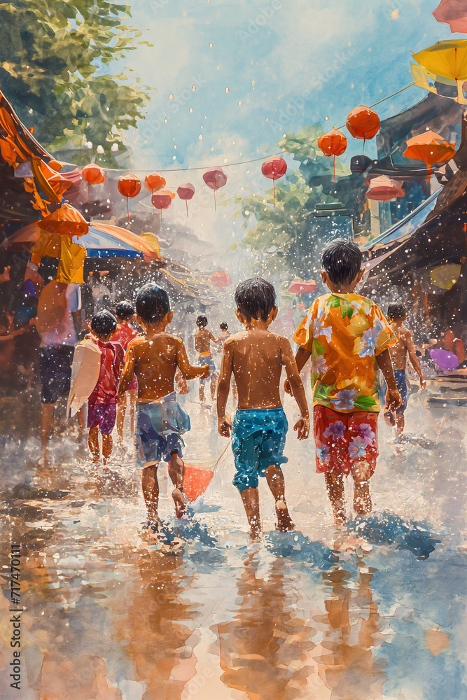 Happy summer days by the pool with the family. Songkran Day, a time of ...