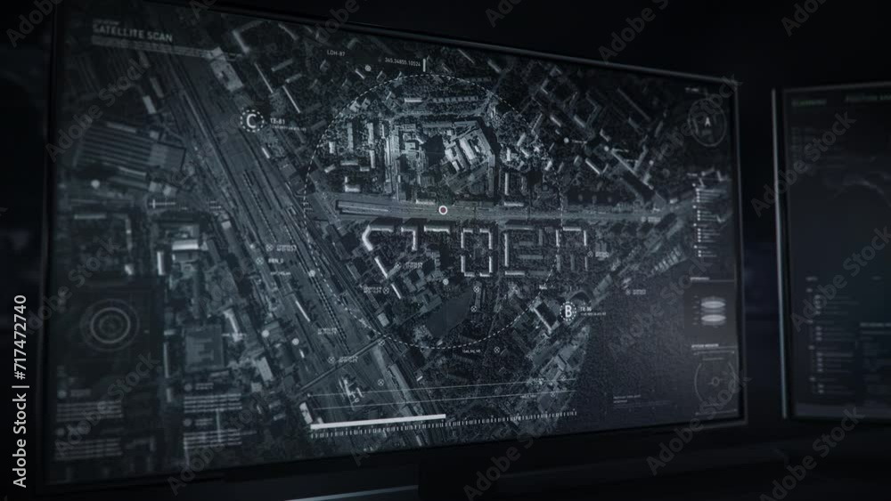 Radar software is investigating the area of the town using a satellite ...