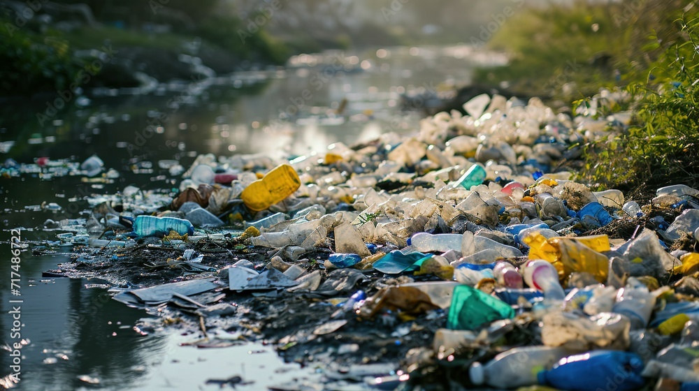 Plastic trash in the river, environment pollution and ecology concept ...