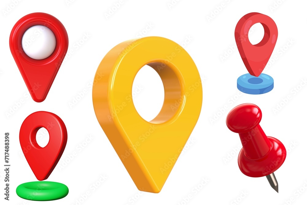 Shiny golden realistic map pins set. 3d rendering gold pointers isolated on white background ...