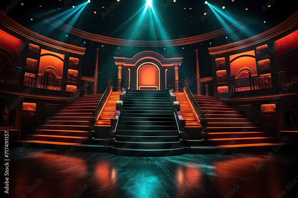 empty stage with stairs going up , Theater stage light background with ...