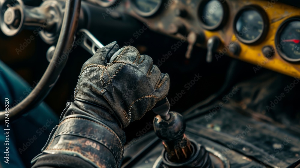 A tight shot of a drag racers gloved hand gripping the gear shifter ...