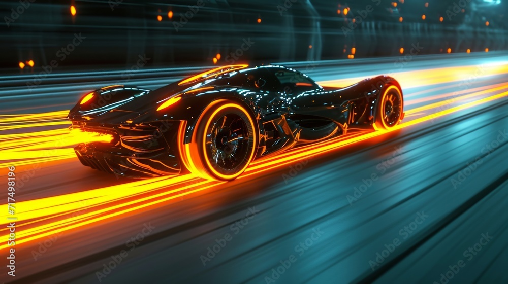 As the car speeds down the track the neon orange racing stripe glows ...