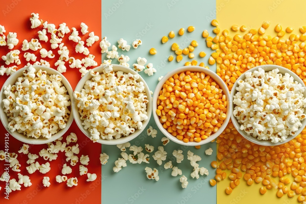 Preparing popcorn from corn Corn grain and popcorn on pastel background ...