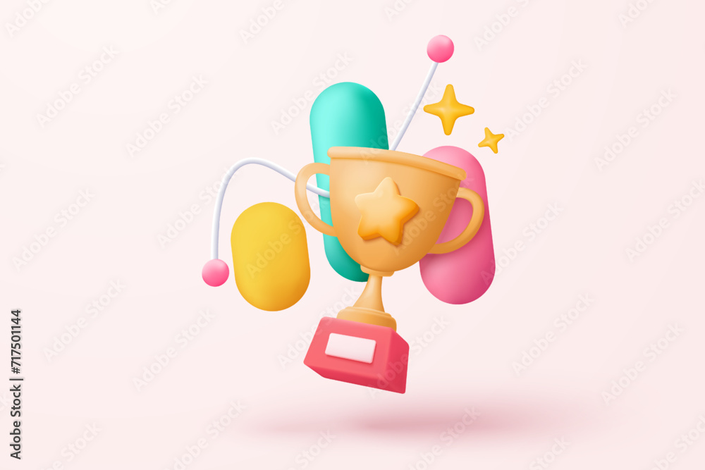3d winners prize with golden cup, gold winners stars for rewards ...
