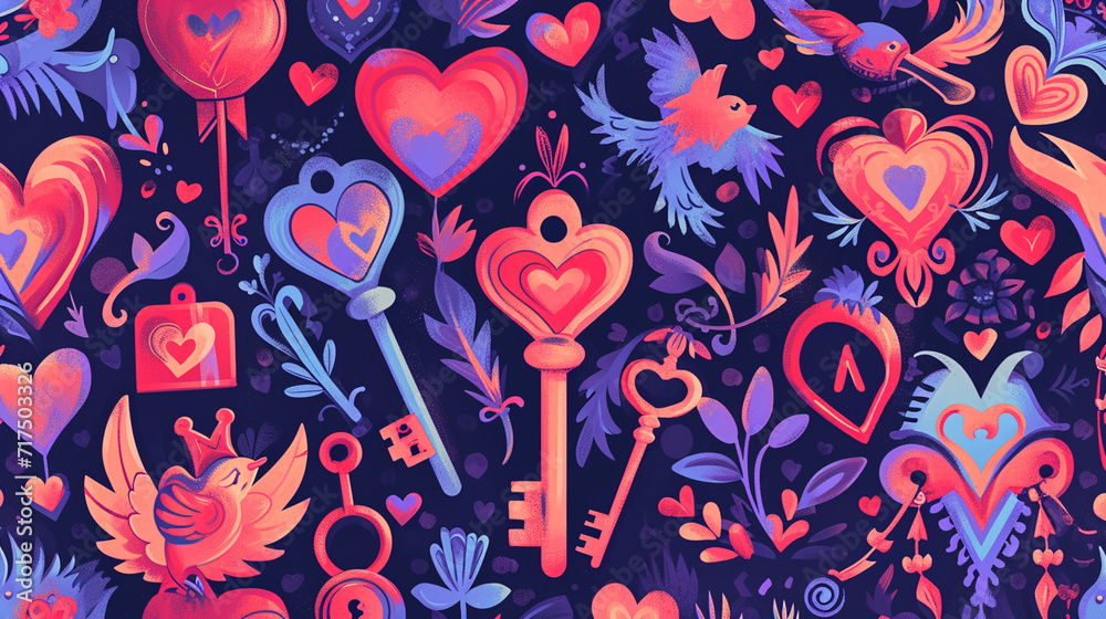 Fantasy-inspired whimsical pattern illustration with love-themed ...