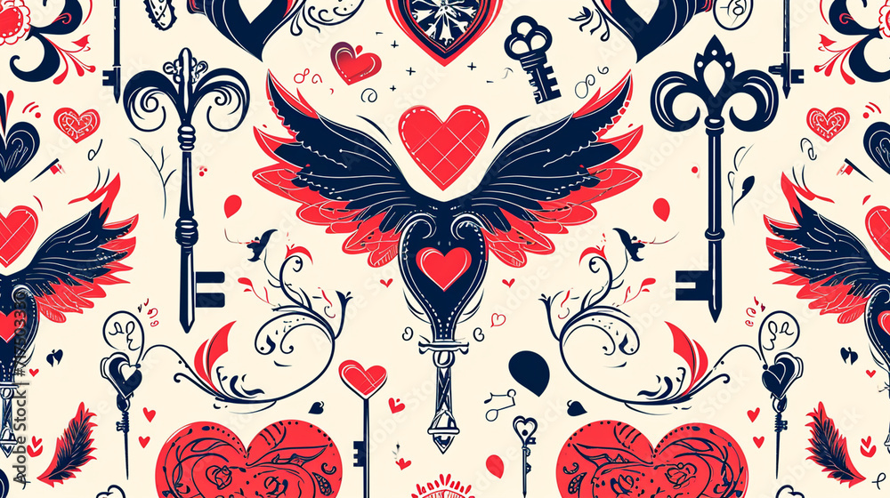 Fantasy-inspired whimsical pattern illustration with love-themed ...