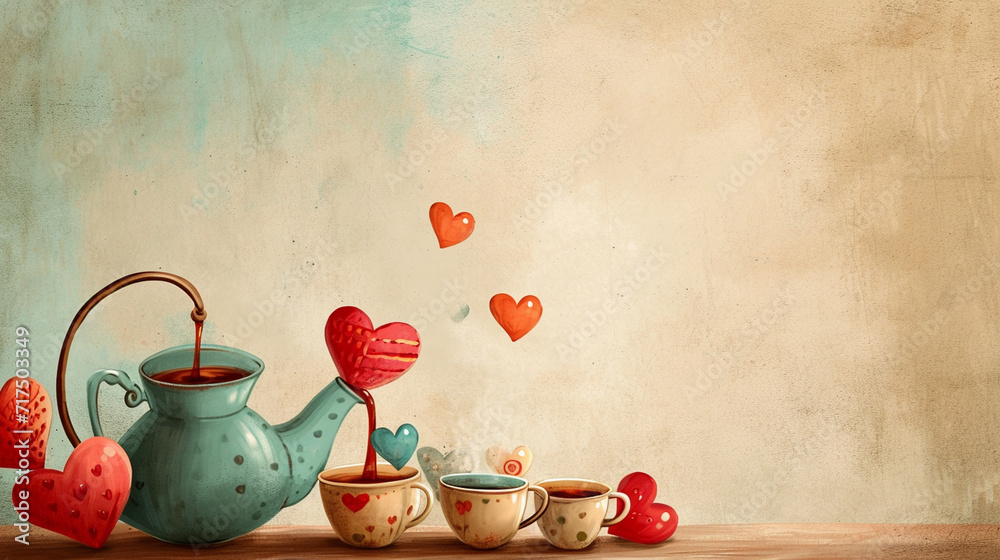 Whimsical and charming illustration of a cozy teapot pouring love ...