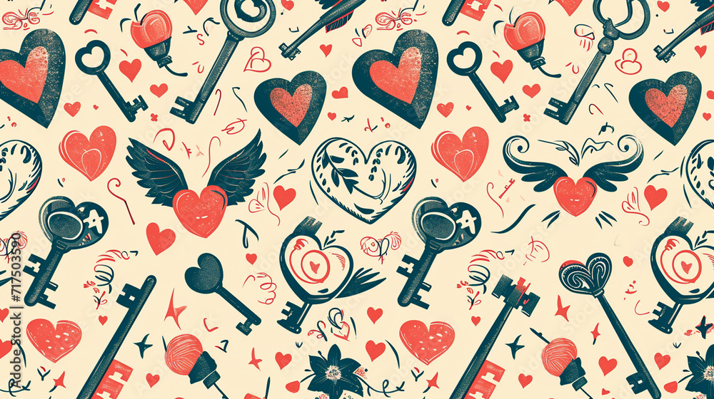 Fantasy-inspired whimsical pattern illustration with love-themed ...